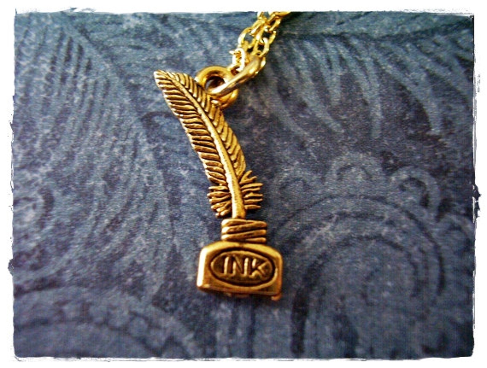 Gold Ink and Quill Necklace - Antique Gold Pewter Ink and Quill Charm ...