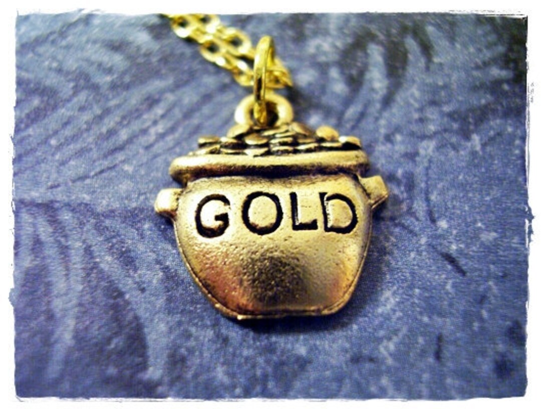 Small Pot of Gold Necklace - Antique Gold Pewter Pot of Gold Charm on a ...