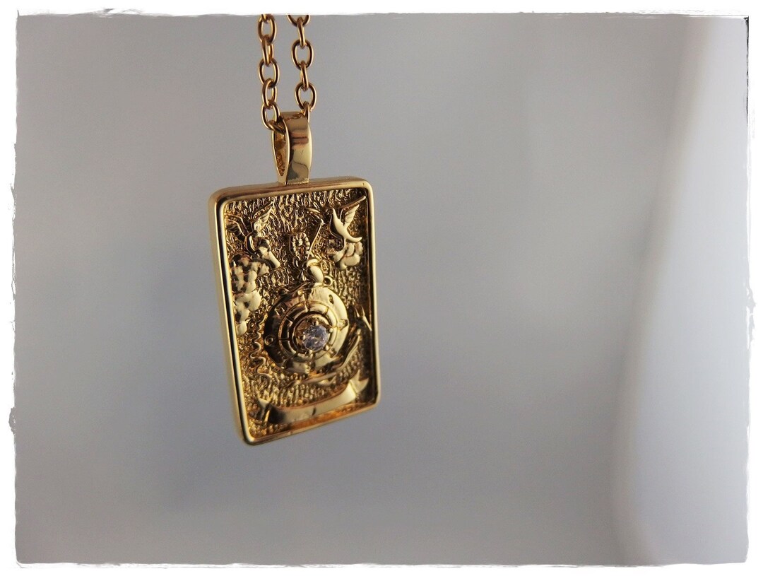 Gold Wheel of Fortune Tarot Card Necklace - 18kt Gold Plated Brass ...