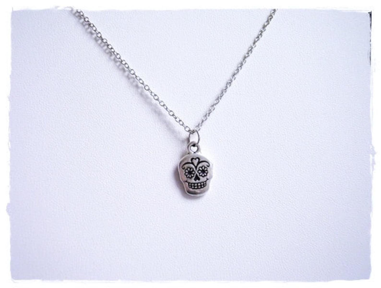 Silver Sugar Skull Necklace - Antique Pewter Sugar Skull Charm on a ...