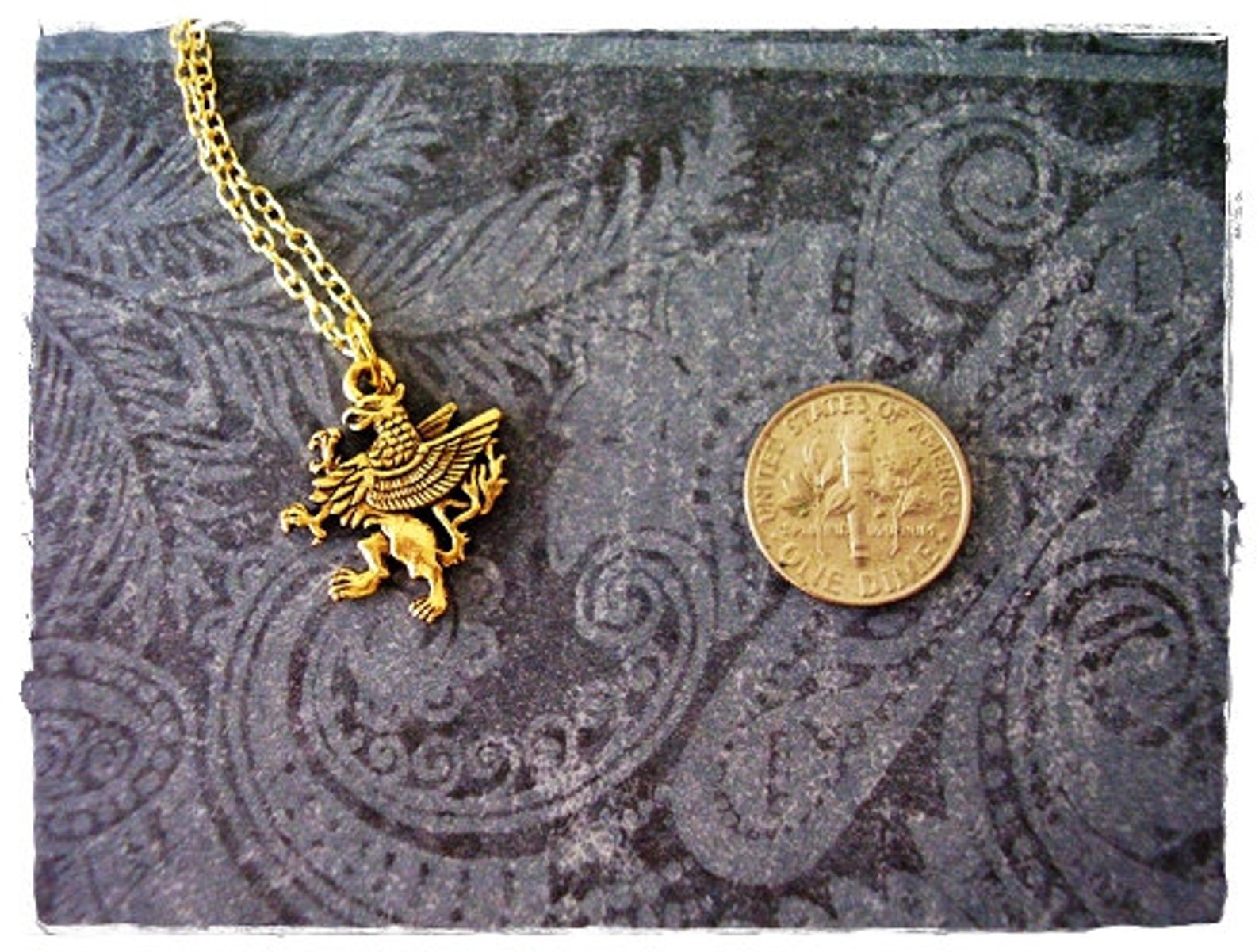 Gold Griffin Necklace - Antique Gold Pewter Griffin Charm on a Delicate ...