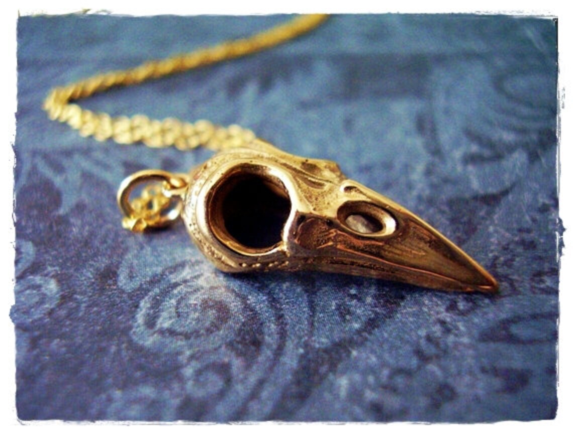 Gold Raven Skull Necklace Bronze Raven Skull Charm on a - Etsy
