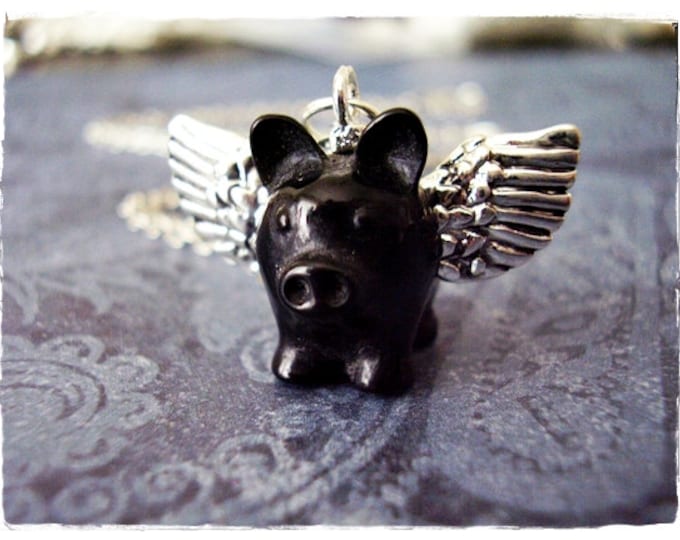 Black Flying Pig Necklace Black Resin Flying Pig Charm on a | Etsy