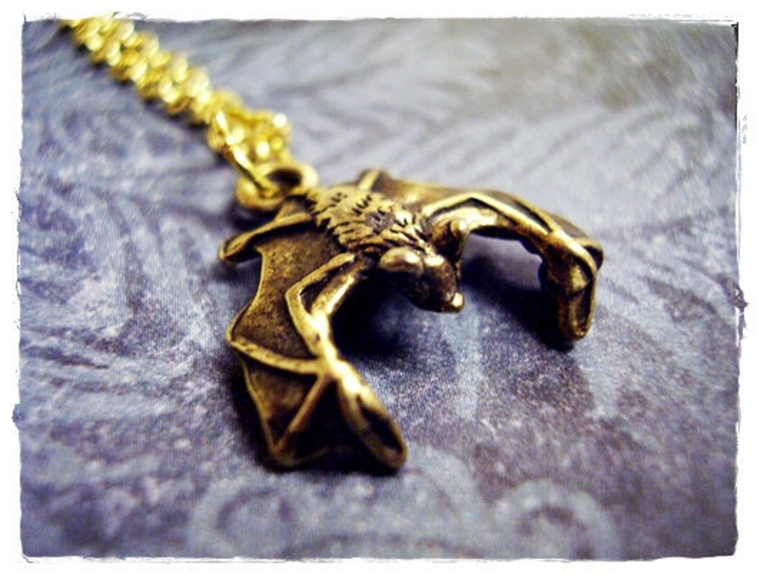 Gold Hanging Bat Necklace - Antique Gold Pewter Hanging Bat Charm on a ...