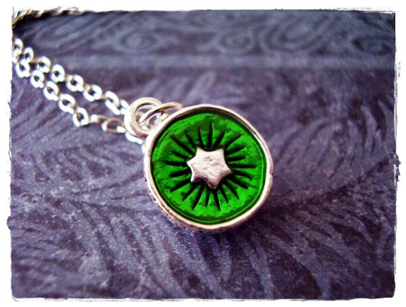 Green Kiwi Necklace - Green Enameled Silver Plate Kiwi Charm on a ...