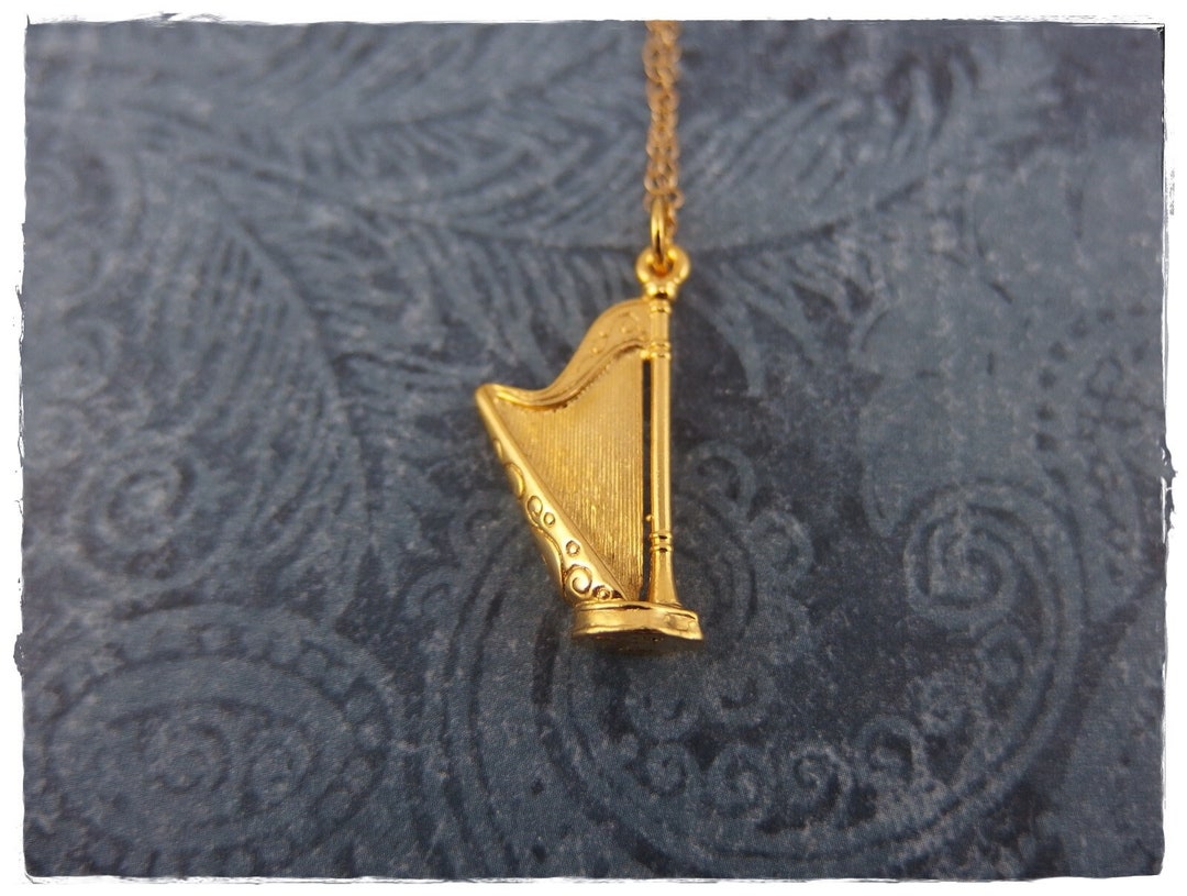 Gold Harp Necklace - 14kt Gold Plated Harp Charm on a Delicate 14kt ...