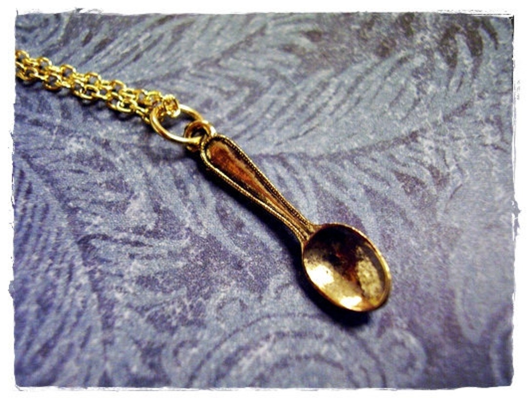 Tiny Golden Spoon Necklace Antique Gold Pewter Spoon Charm on a ...