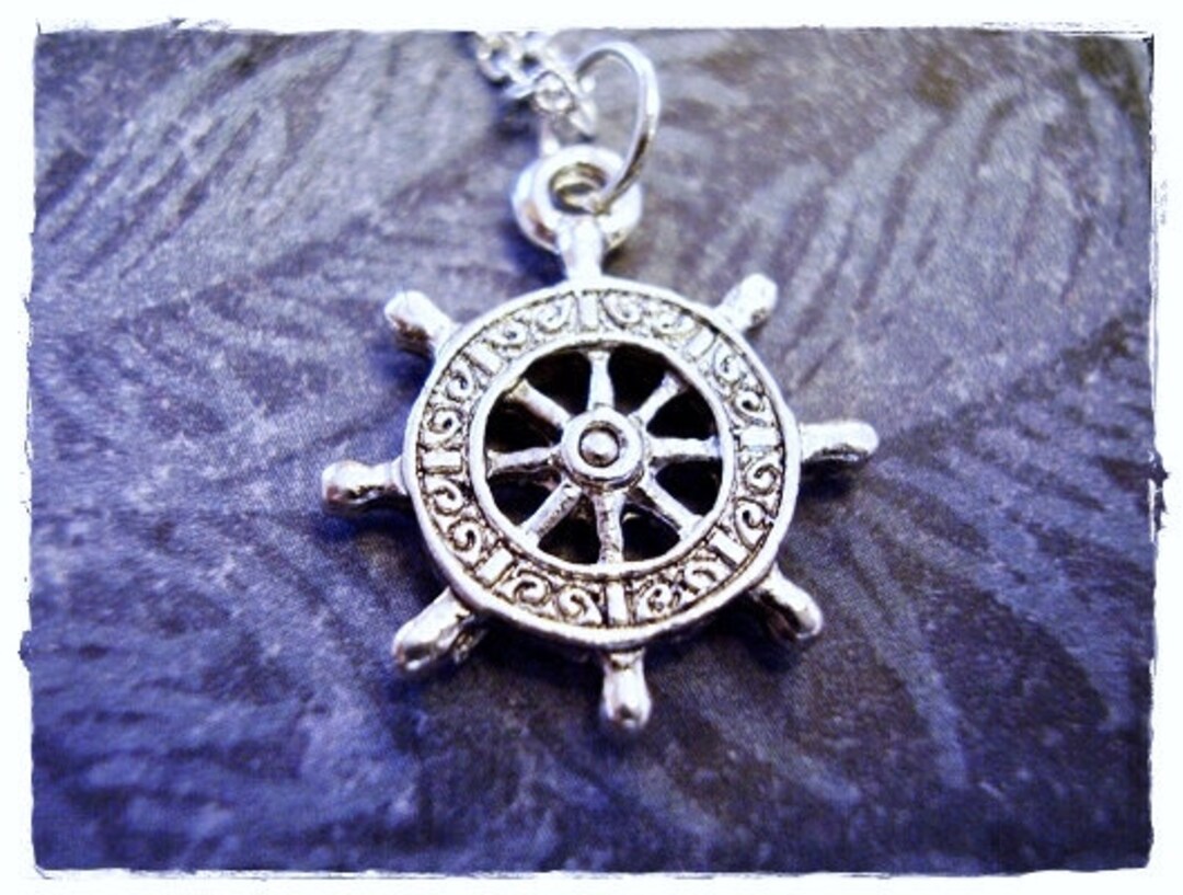 Silver Ship's Wheel Necklace - Silver Pewter Ship's Wheel Charm on a ...