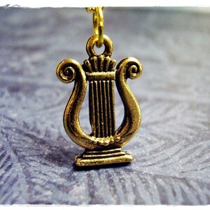 Gold Lyre Necklace - Antique Gold Pewter Lyre Charm on a Delicate Gold ...