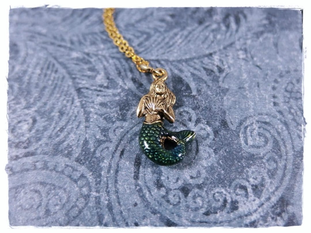 Blue Green Mermaid Necklace - Enameled Antique Gold Pewter Mermaid ...