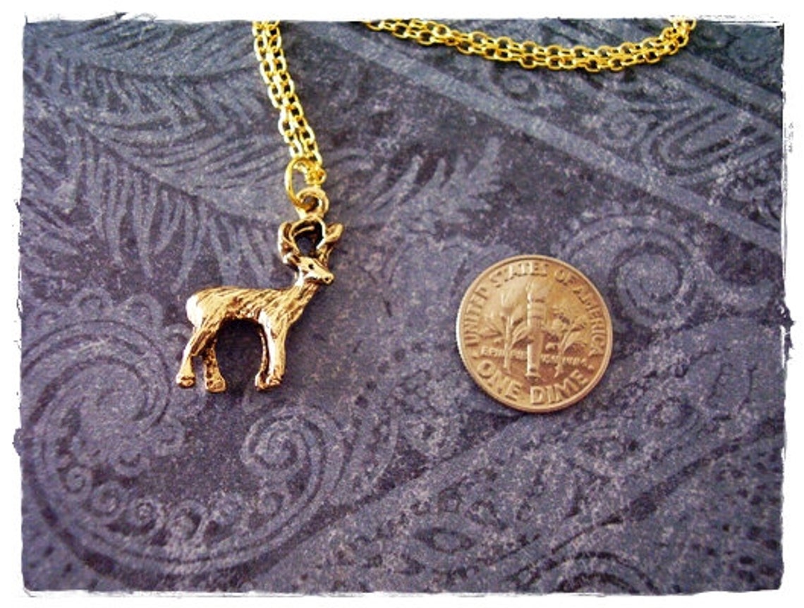 Gold Stag Necklace - Antique Gold Pewter Stag Charm on a Delicate Gold ...