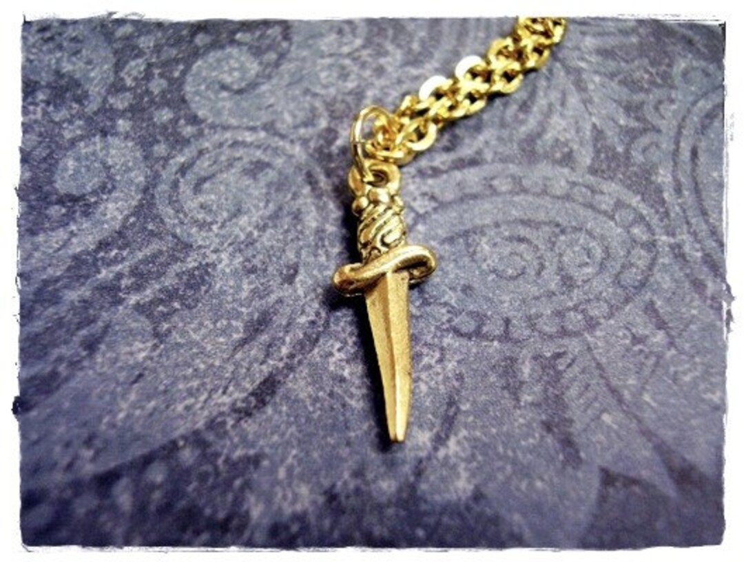 Tiny Gold Dagger Necklace Antique Gold Pewter Dagger Charm on a ...