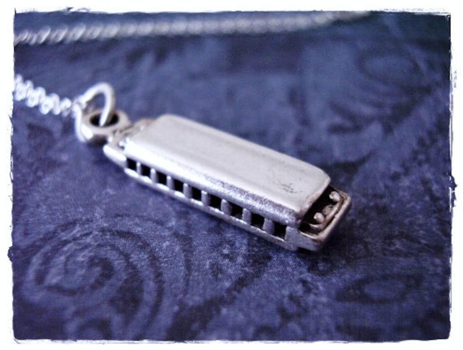 Silver Harmonica Necklace - Sterling Silver Harmonica Charm on a Delicate Sterling Silver Cable ...