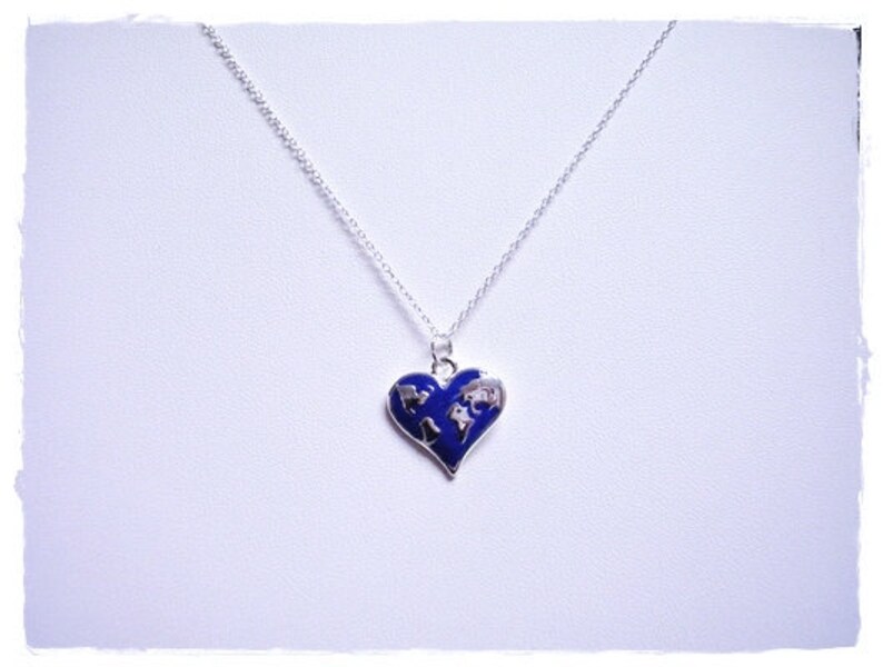 Blue Earth Heart Necklace - Blue Enameled Silver Plate Earth Heart ...