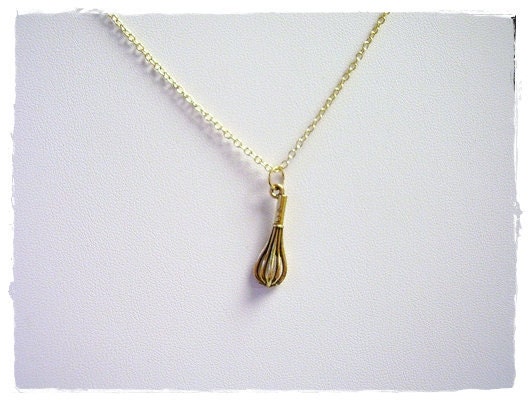 Gold Whisk Necklace - Antique Gold Pewter Whisk Charm on a Delicate ...