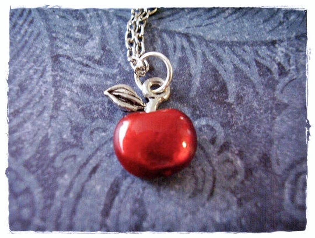 Red Apple Necklace - Red Enameled Antique Pewter Red Apple Charm on a ...