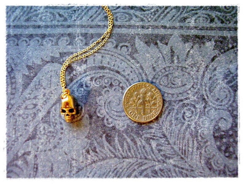 Gold Skull Necklace - Bronze Skull Charm on a Delicate 14kt Gold Filled ...