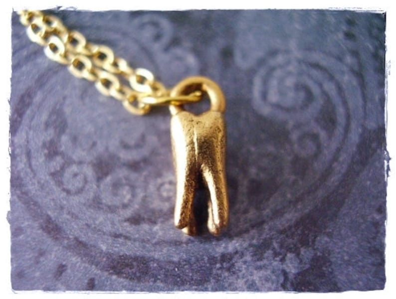 Tiny Gold Tooth Necklace - Antique Gold Pewter Tooth Charm on a ...