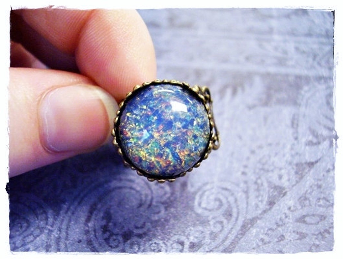 Round Blue Opal Glass Ring Blue Opal Glass Cabochon on an | Etsy