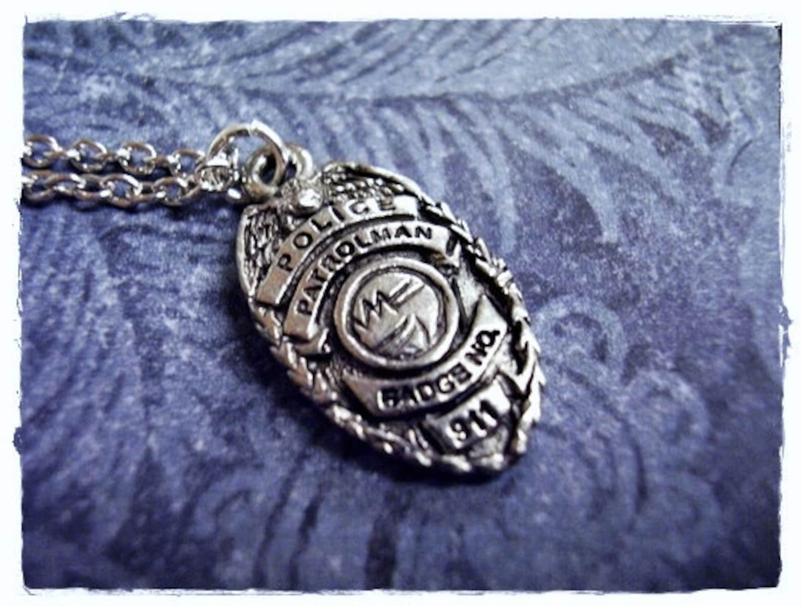 Silver Police Badge Necklace - Antique Pewter Police Badge Charm on a ...
