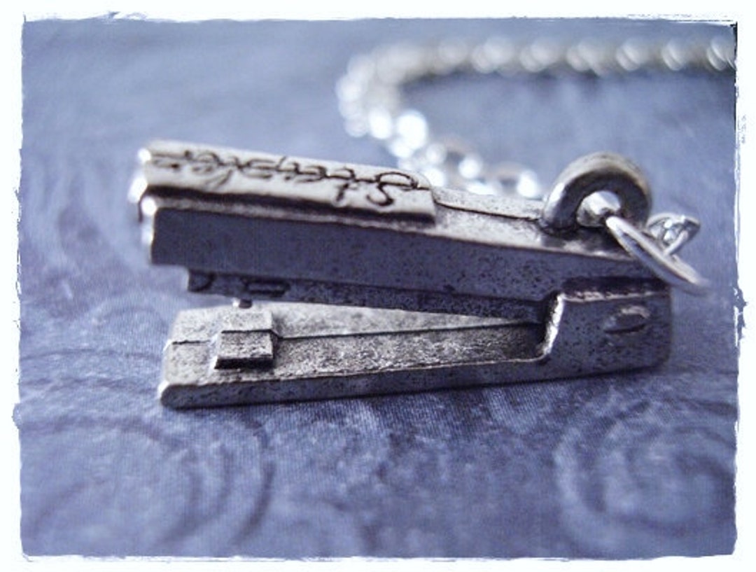 Silver Stapler Necklace - Antique Pewter Stapler Charm on a Delicate ...