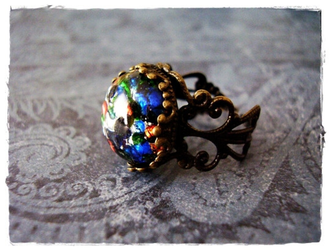 Round Black Opal Glass Ring - Black Opal Glass Cabochon on an Ornate ...