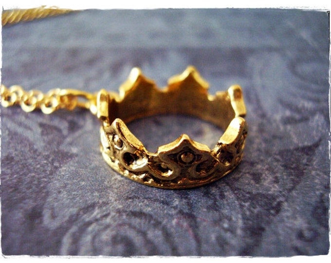 Gold Crown Necklace - Antique Gold Pewter Crown Charm on a Delicate ...