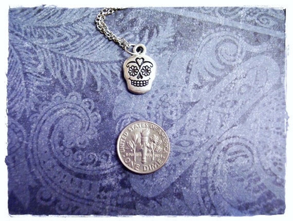 Silver Sugar Skull Necklace - Antique Pewter Sugar Skull Charm on a ...