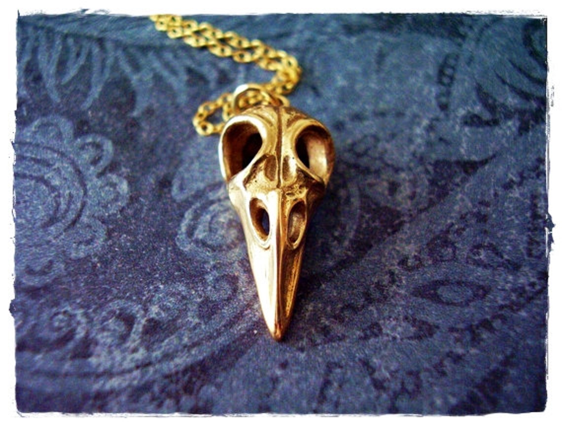 Gold Raven Skull Necklace Bronze Raven Skull Charm on a - Etsy