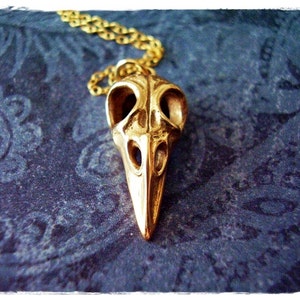 Gold Raven Skull Necklace - Bronze Raven Skull Charm on a Delicate 14kt ...