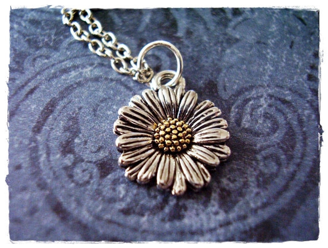 Silver Daisy Necklace - Two Tone Daisy Charm on a Delicate Stainless ...