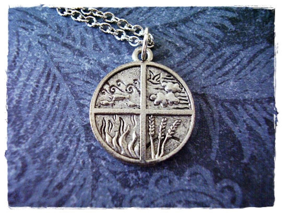 Silver Four Elements Necklace - Antique Pewter Four Elements Charm on a Delicate Stainless Steel ...