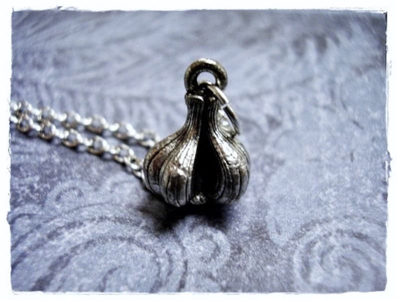 Silver Garlic Bulb Necklace - Antique Pewter Garlic Bulb Charm on a ...