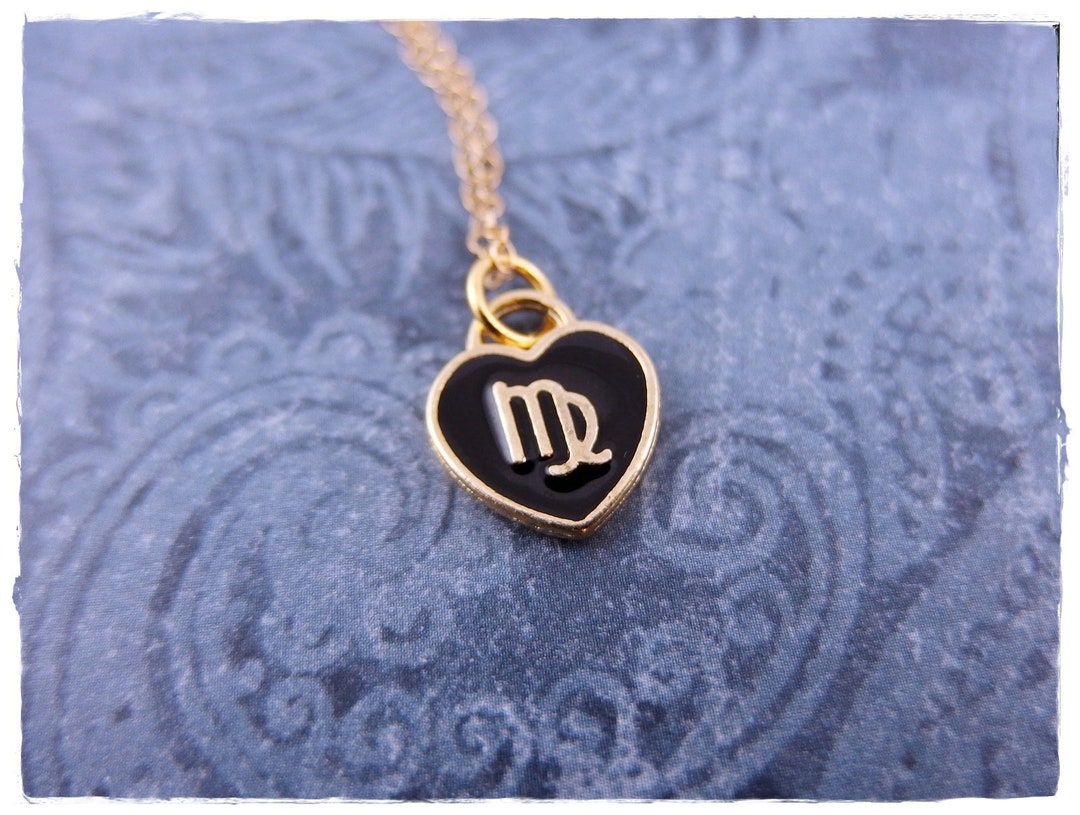 Black Heart Virgo Necklace - Black Enameled Gold Plate Virgo Heart ...