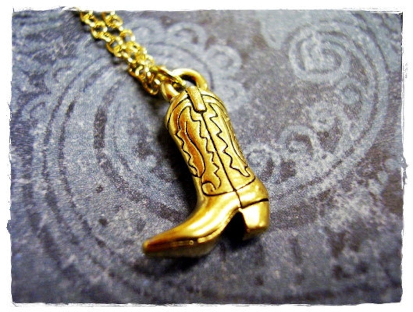 Gold Cowboy Boot Necklace - Antique Gold Pewter Cowboy Boot Charm on a ...