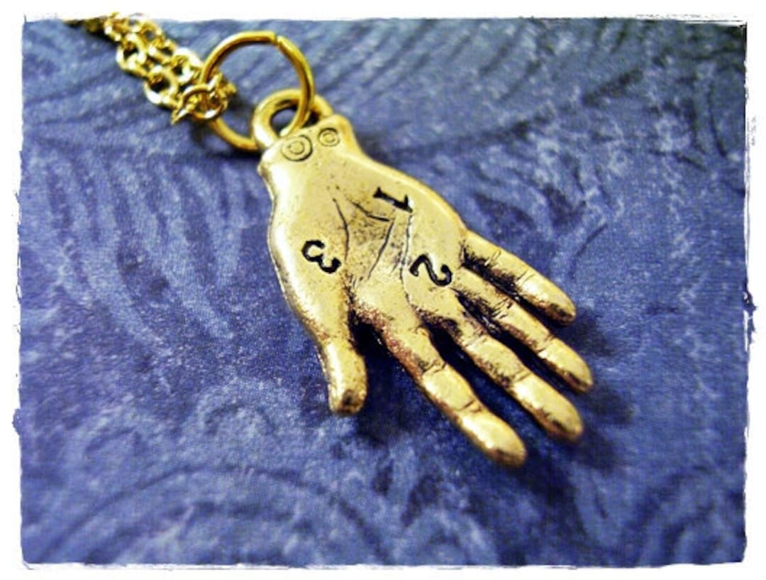 Gold Palm Reading Hand Necklace - Antique Gold Pewter Palm Reading Hand ...