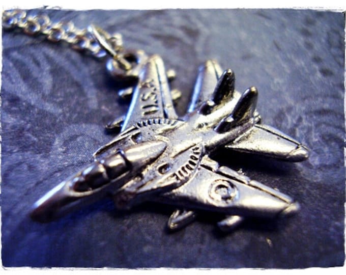 Silver Fighter Jet Necklace - Antique Pewter Fighter Jet Charm on a ...