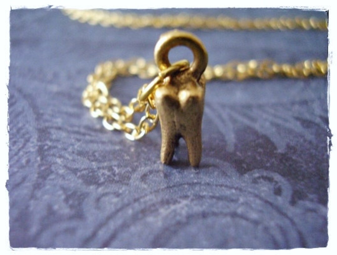 Tiny Gold Tooth Necklace - Antique Gold Pewter Tooth Charm on a ...