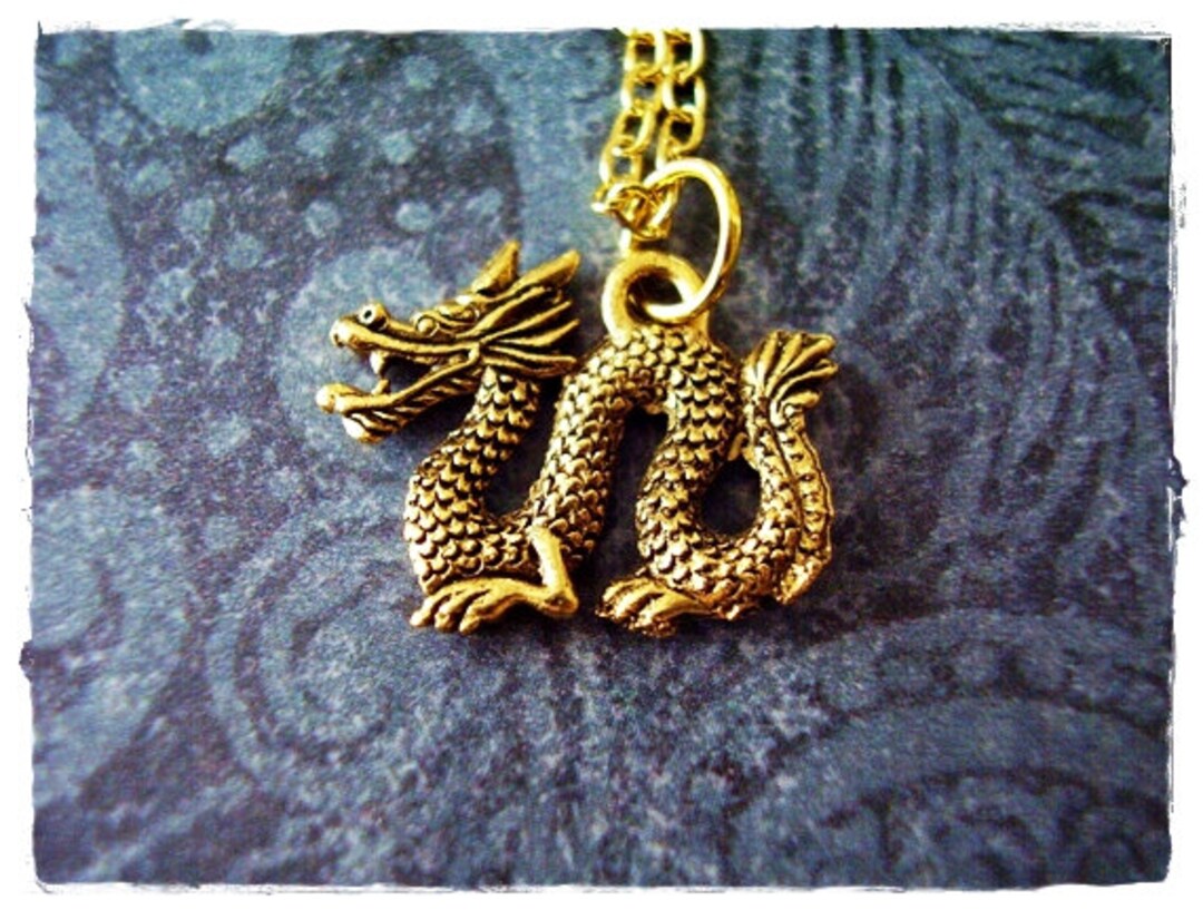 Gold Chinese Dragon Necklace - Antique Gold Pewter Chinese Dragon Charm ...