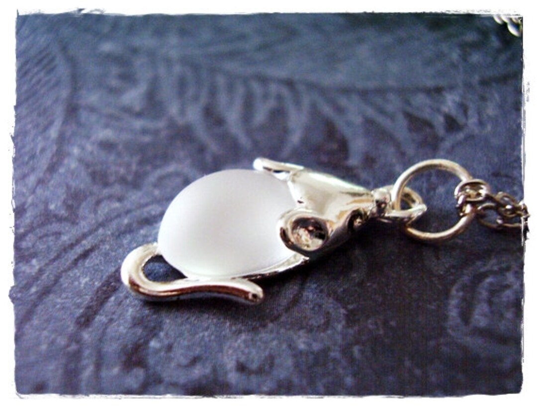 White Mouse Necklace - White Resin Mouse Charm on a Delicate Stainless ...