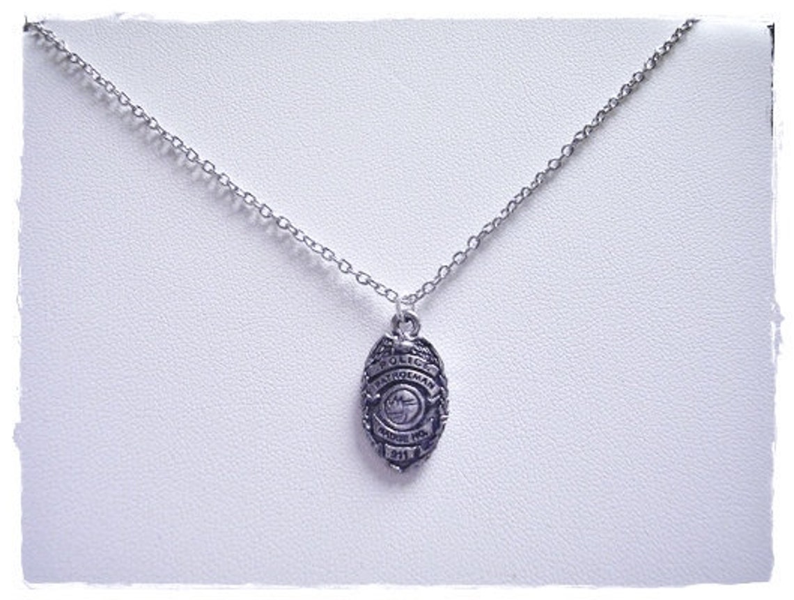 Silver Police Badge Necklace - Antique Pewter Police Badge Charm on a ...