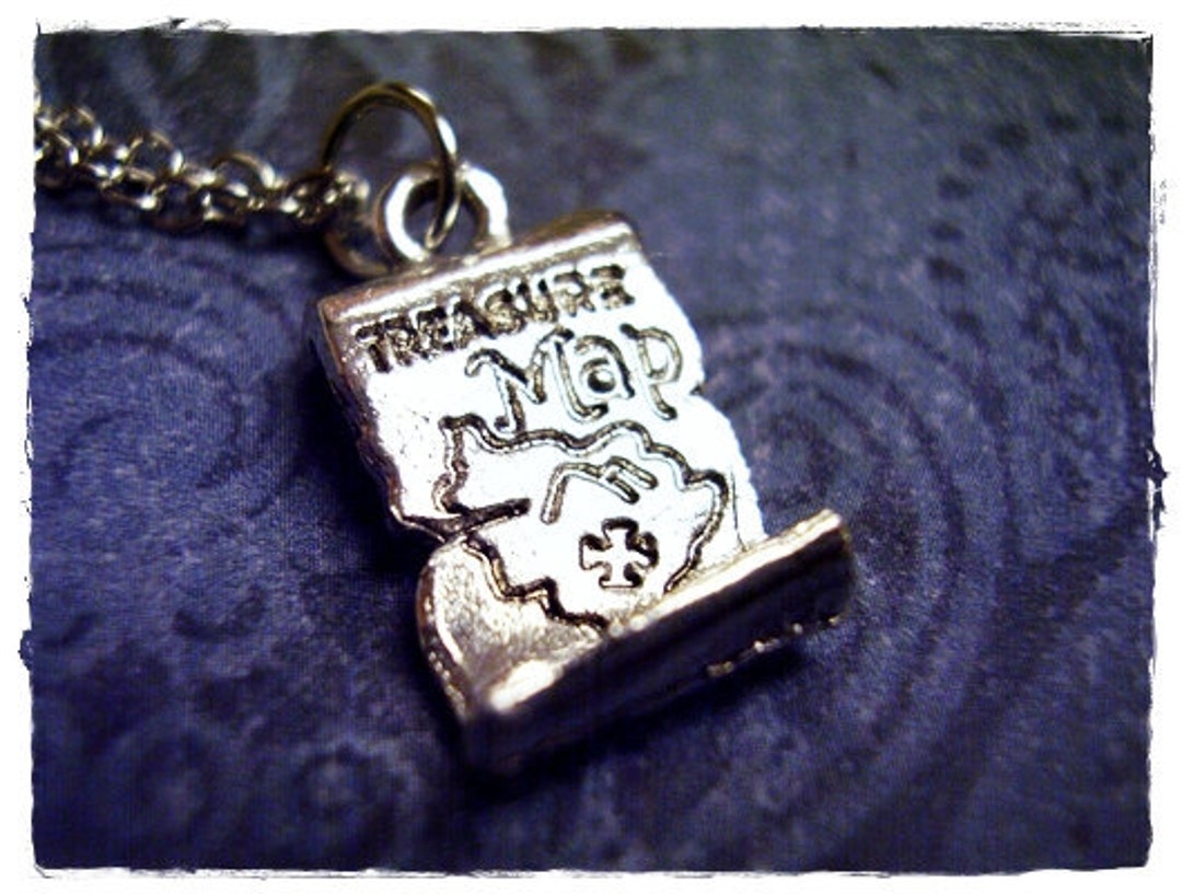 Silver Treasure Map Necklace - Silver Pewter Treasure Map Charm on a ...