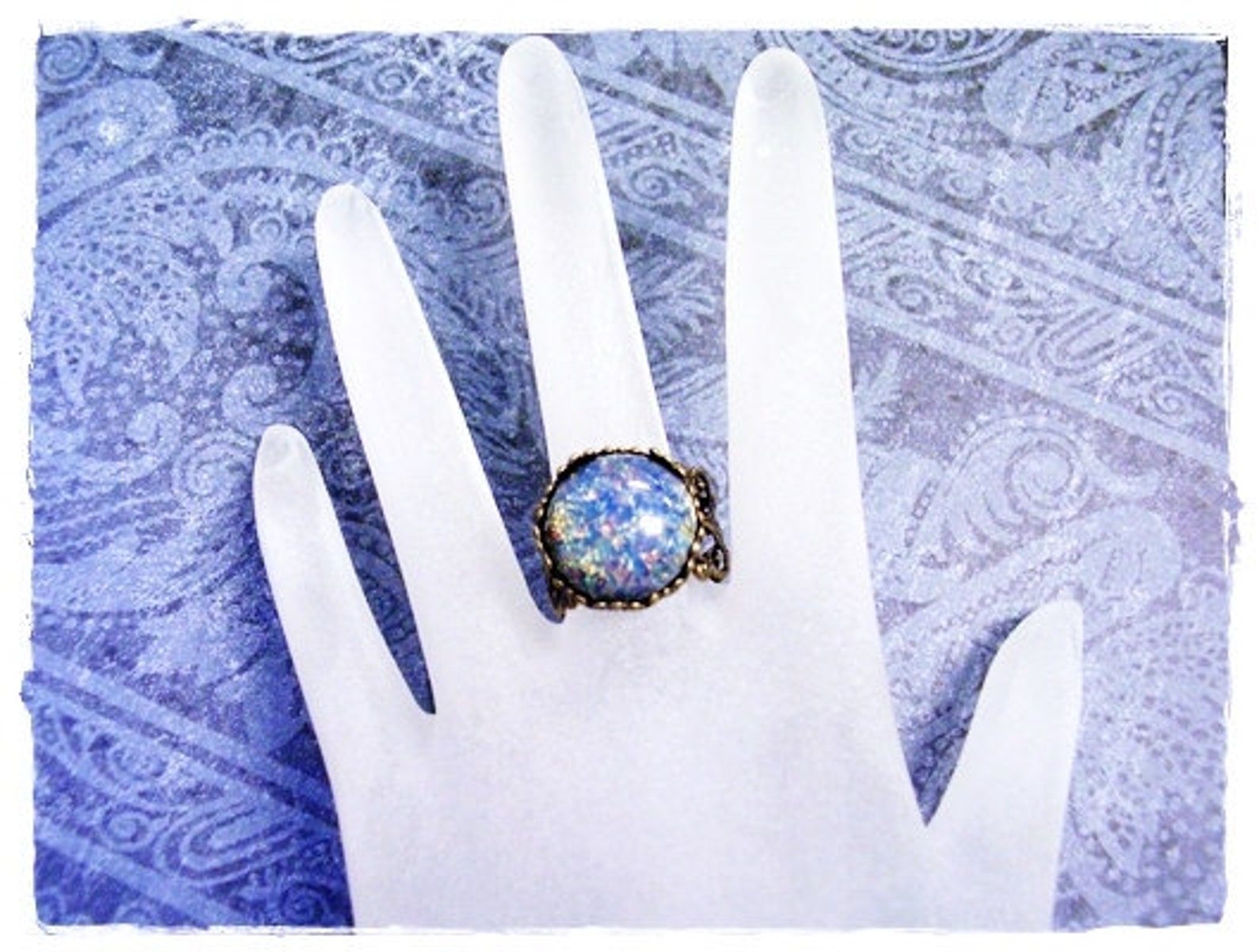 Round Blue Opal Glass Ring - Blue Opal Glass Cabochon on an Ornate ...