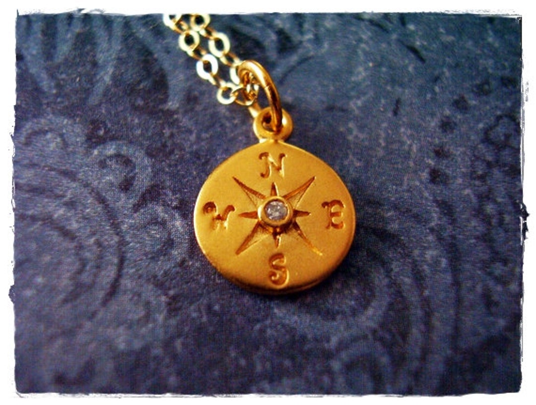 Gold Diamond Point Compass Necklace - Matte 24kt Gold Plate Diamond ...