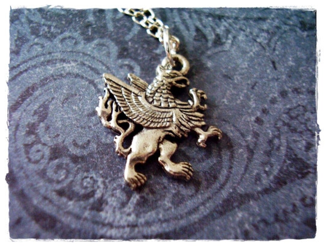 Silver Griffin Necklace - Antique Pewter Griffin Charm on a Delicate ...