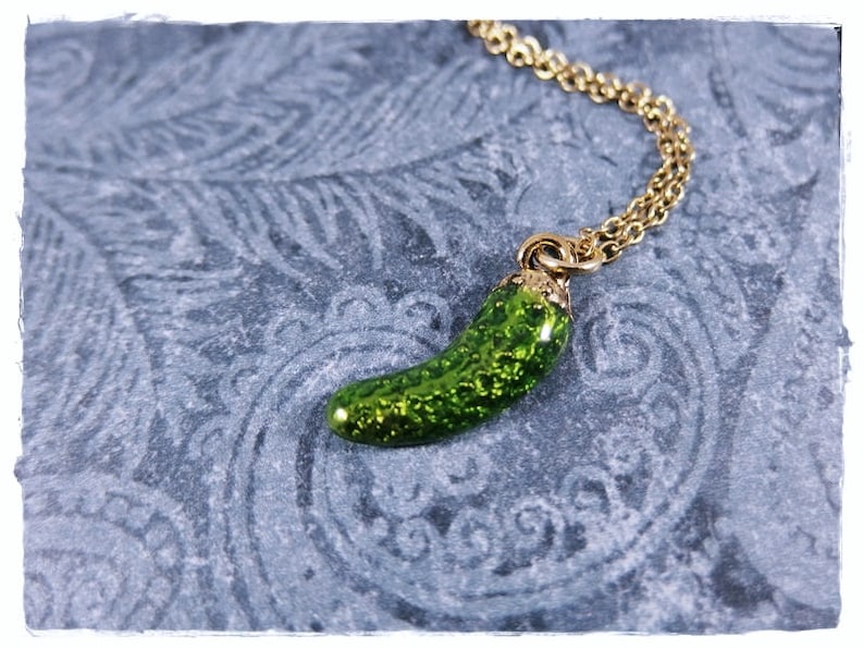 Green Pickle Slice Necklace Green Enameled Antique Gold - Etsy