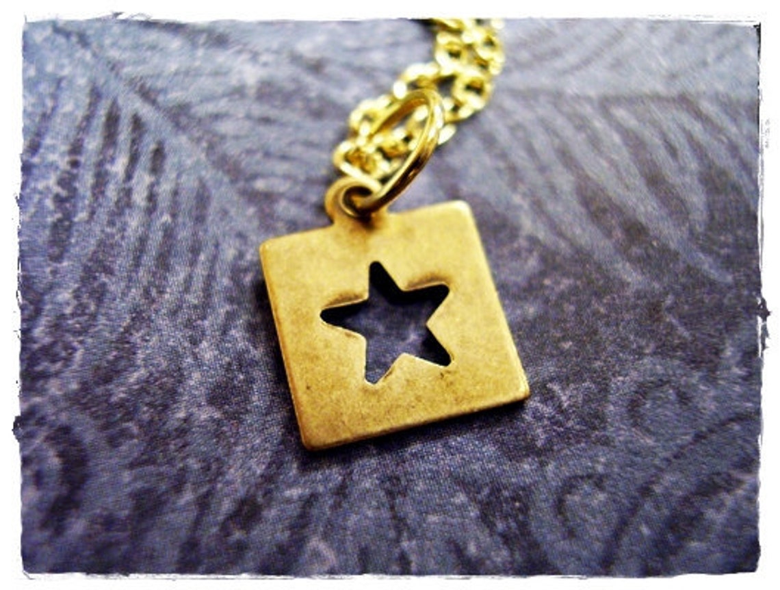 Gold Star Outline Necklace Antique Brass Star Outline Charm | Etsy