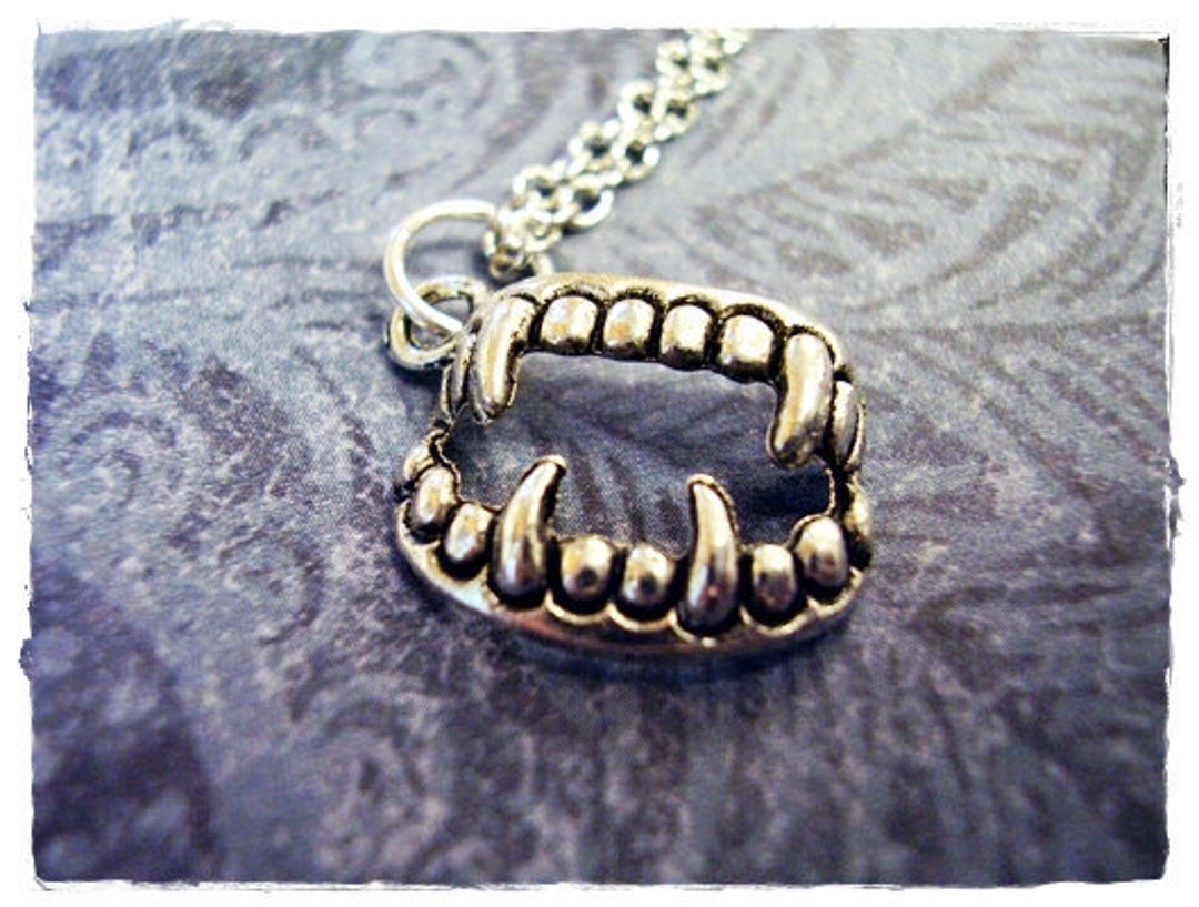 Silver Vampire Fangs Necklace - Antique Pewter Vampire Fangs Charm on a ...