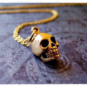 Gold Skull Necklace - Bronze Skull Charm on a Delicate 14kt Gold Filled ...