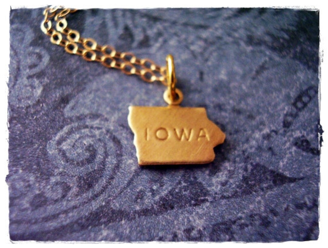 Tiny Gold Iowa State Necklace Raw Brass Iowa Charm on a Delicate 14kt ...